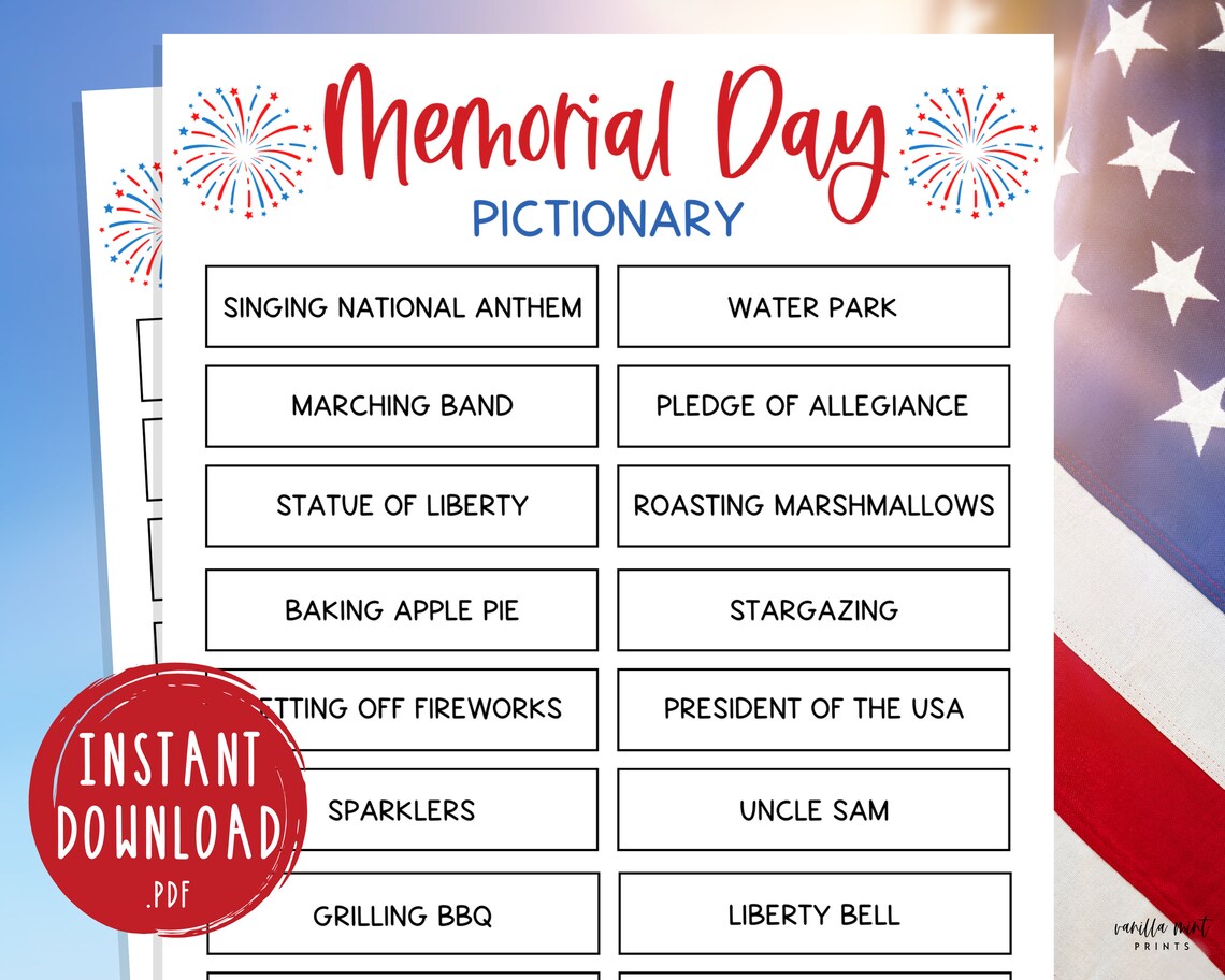 Memorial Day Pictionary Game Printable Memorial Day Party - Etsy