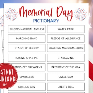 Memorial Day Pictionary Game | Printable Memorial Day Party Games ...