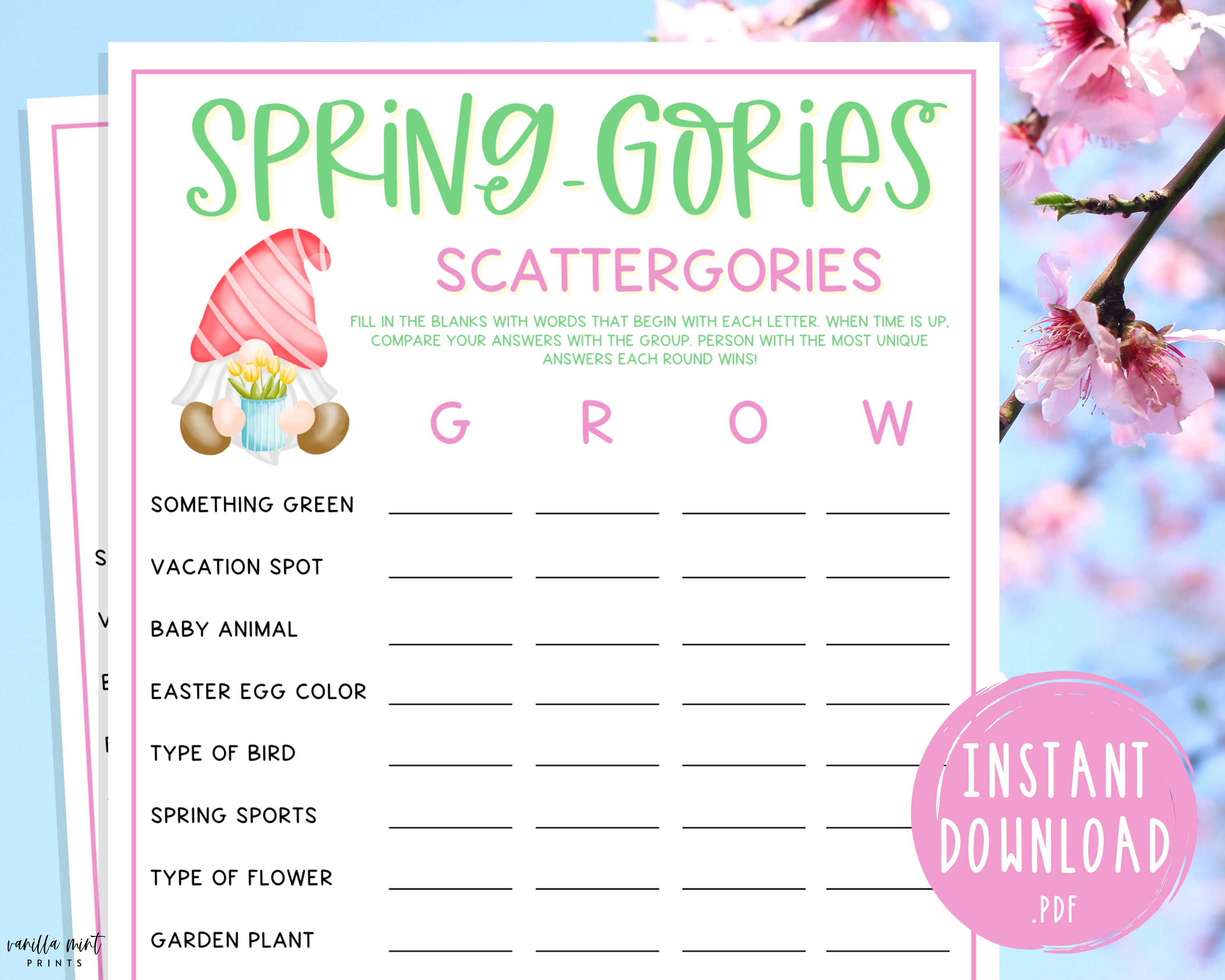 Spring Scattergories | Spring-gories | Printable Springtime Games ...