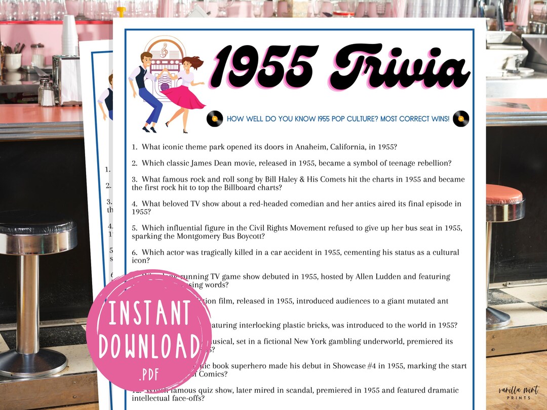 1955 Trivia 50s Pop Culture Trivia 70th Birthday Back to the 50s Party ...