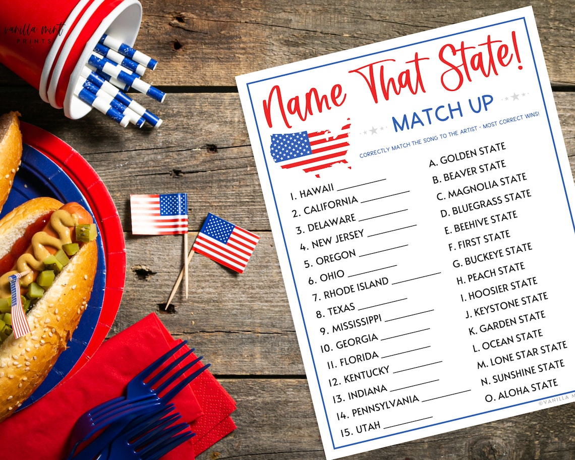 Patriotic Name That State Nickname Match up Game Printable - Etsy