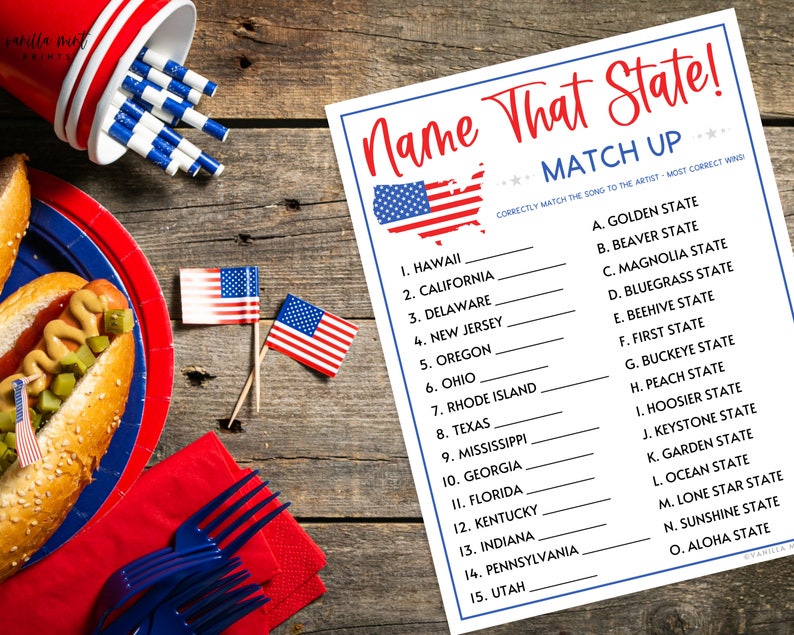 Patriotic Name That State Nickname Match up Game Printable - Etsy