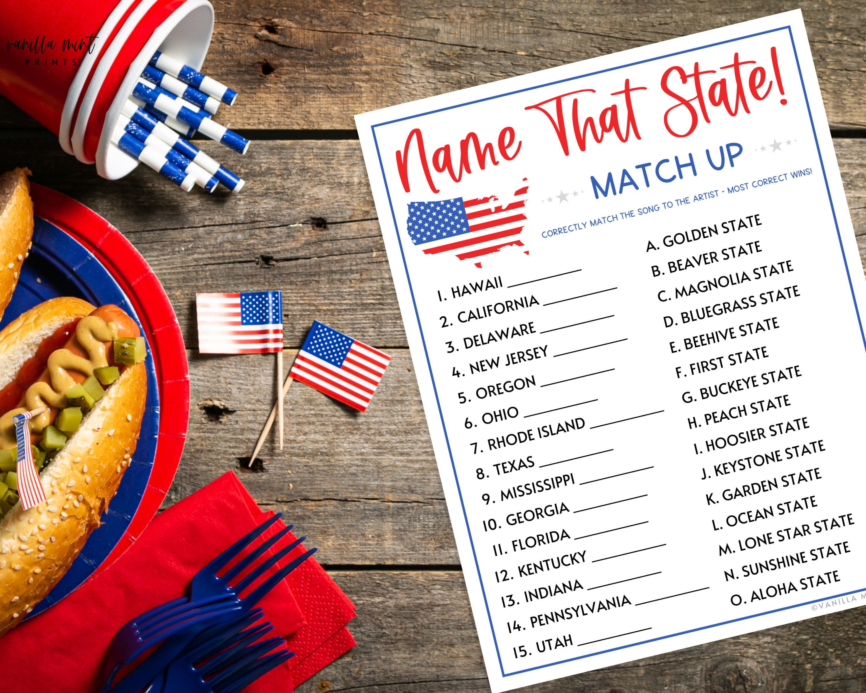 Patriotic Name That State Nickname Match up Game Printable - Etsy