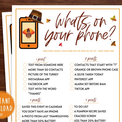 Thanksgiving What's on Your Phone Game Thanksgiving - Etsy