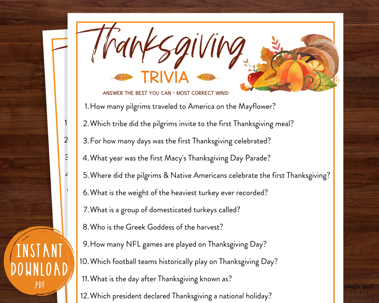 Thanksgiving Trivia Game Thanksgiving Printable Games Fun - Etsy