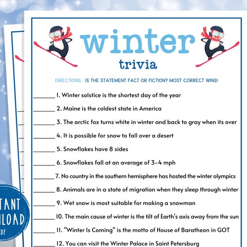 Winter Trivia Game Printable Winter Games Wintertime - Etsy