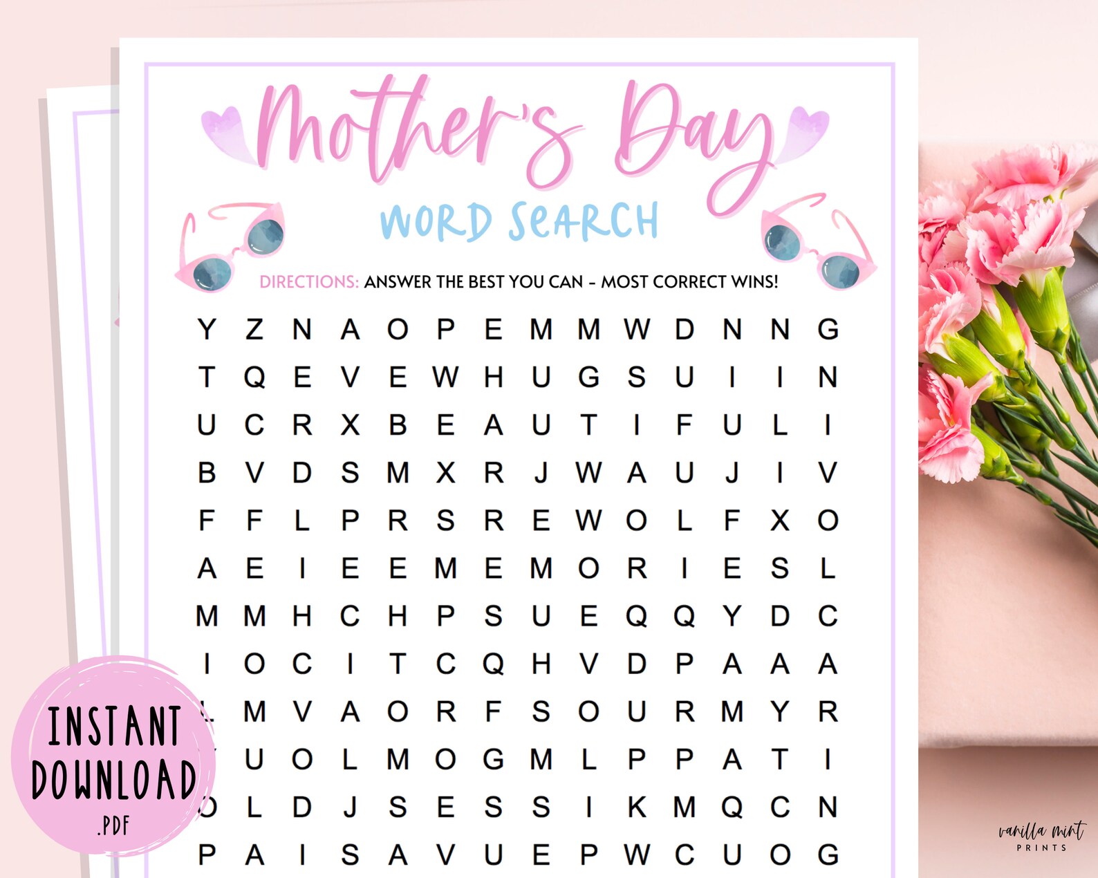 Mother's Day Word Search Games Happy Mother's Day - Etsy