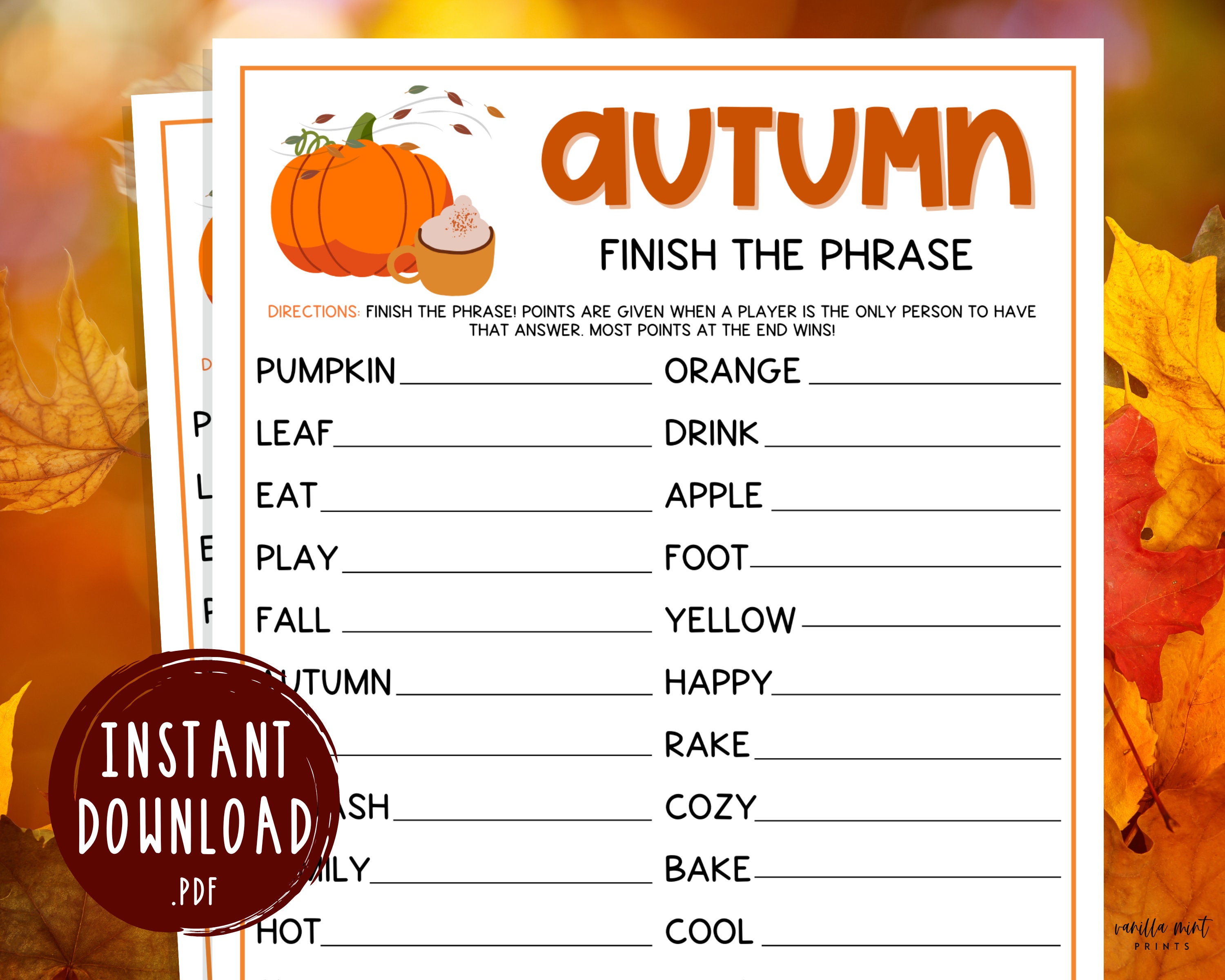 Fall Finish the Phrase Game Printable Autumn Party Games - Etsy