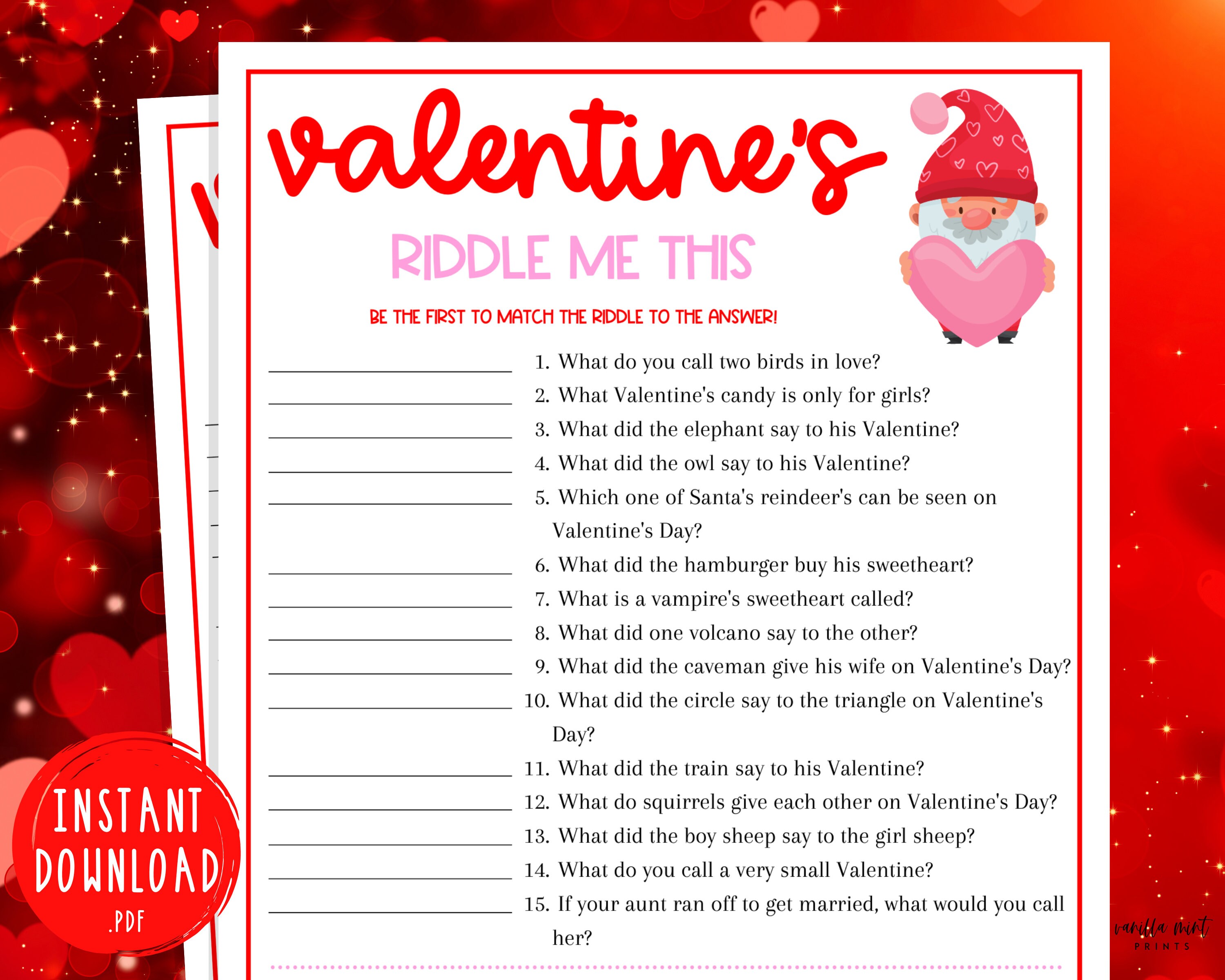 Valentine's Day Riddle Me This Game Valentine Printable - Etsy