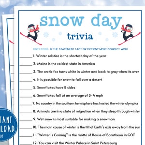 Snow Day Trivia Game | Fun Printable Winter Game | Wintertime Activity ...