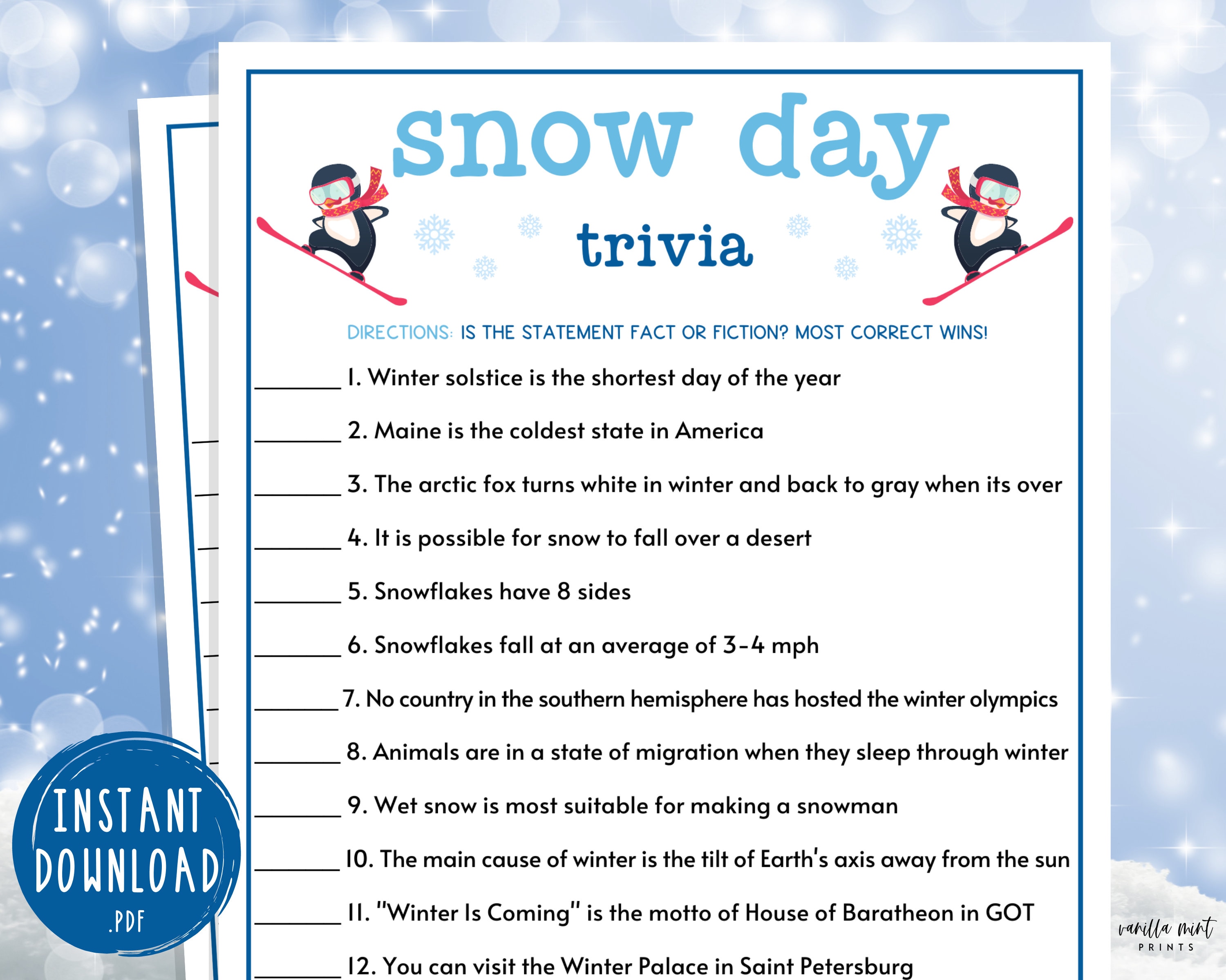 Snow Day Trivia Game Fun Printable Winter Game Wintertime | Etsy