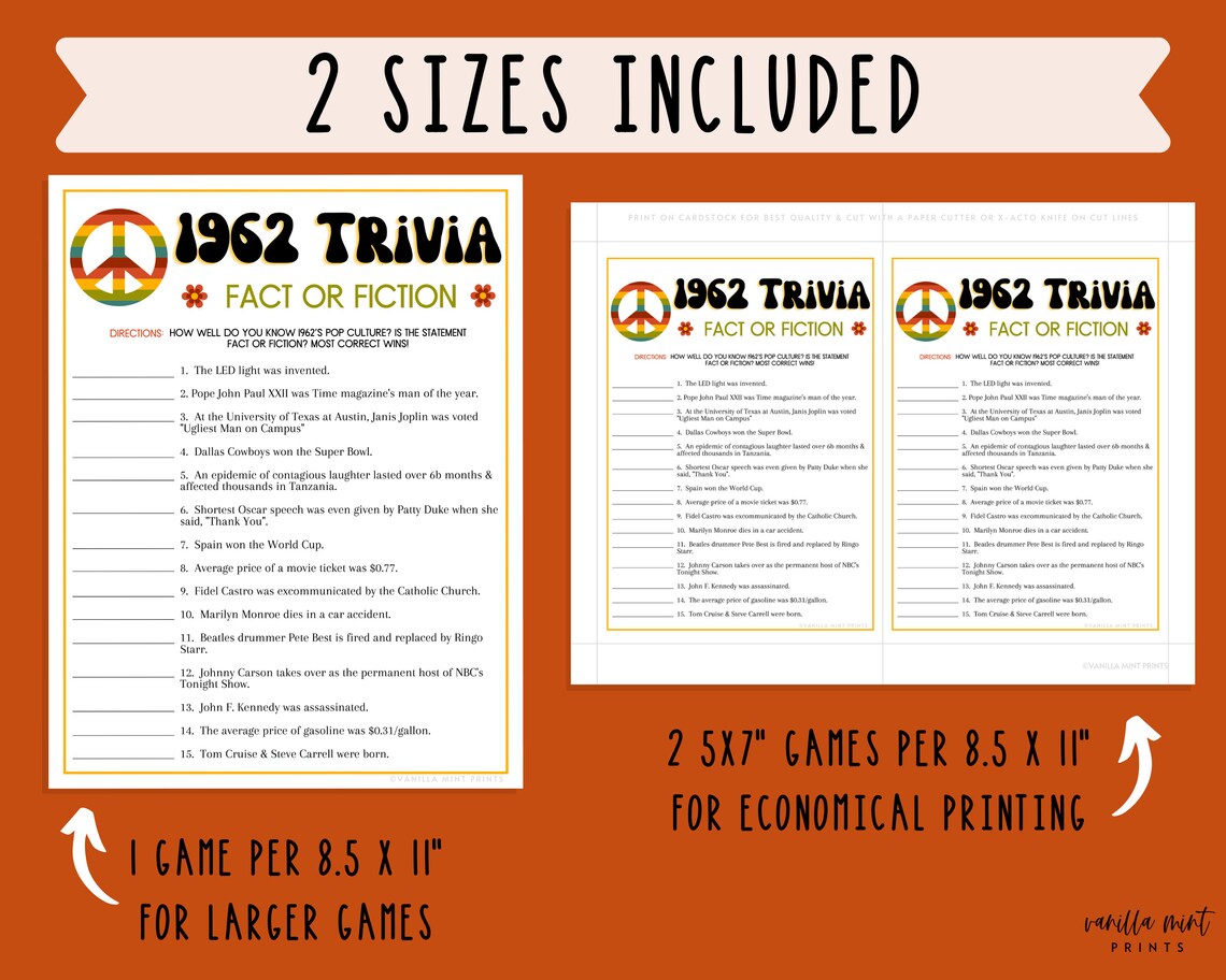 1962 Trivia 60s Pop Culture Trivia Fact or Fiction 60th - Etsy
