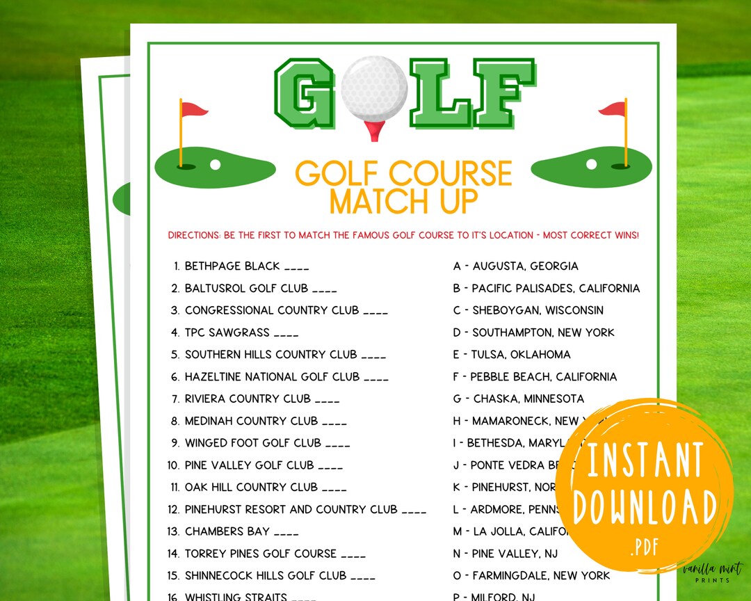 Golf Course Match up Game | Printable Golf Party Games | Masters Golf ...