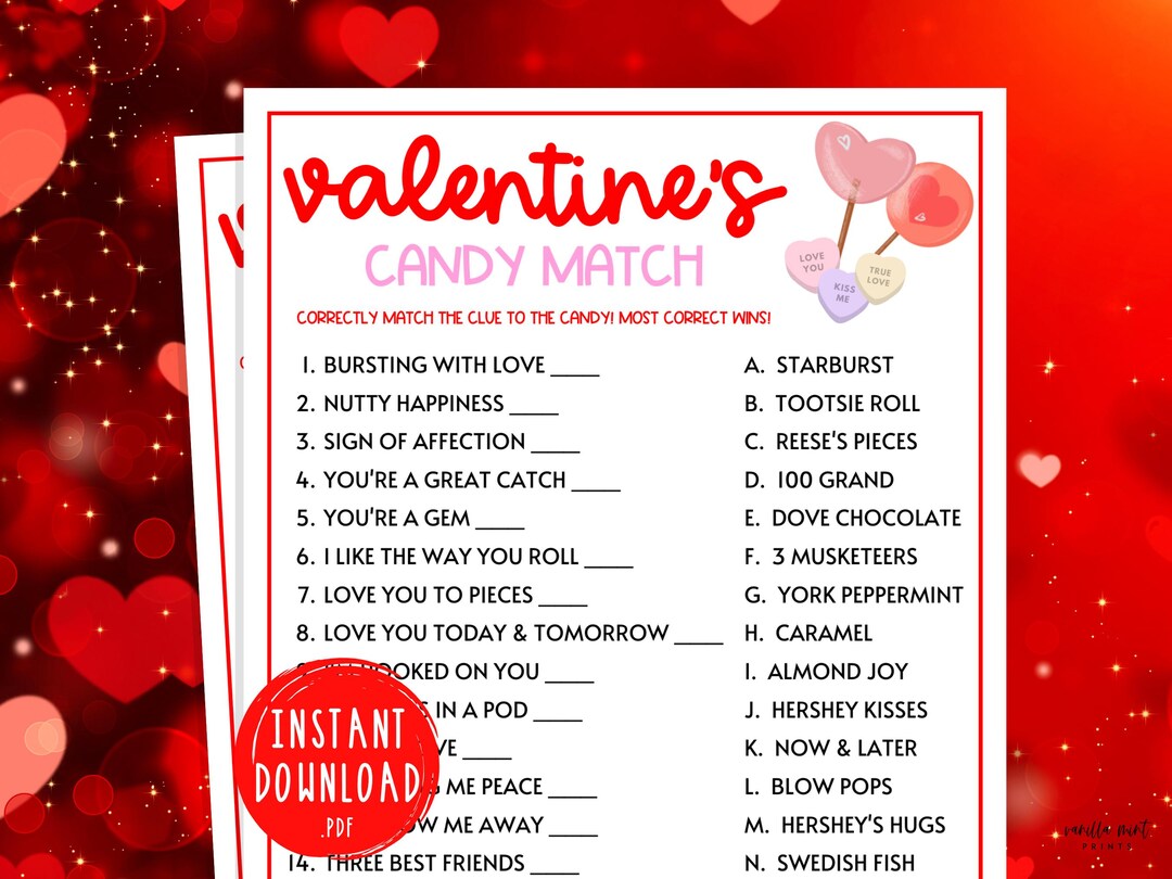 Valentine's Day Candy Match Game | Fun Valentine's Day Printable Games ...
