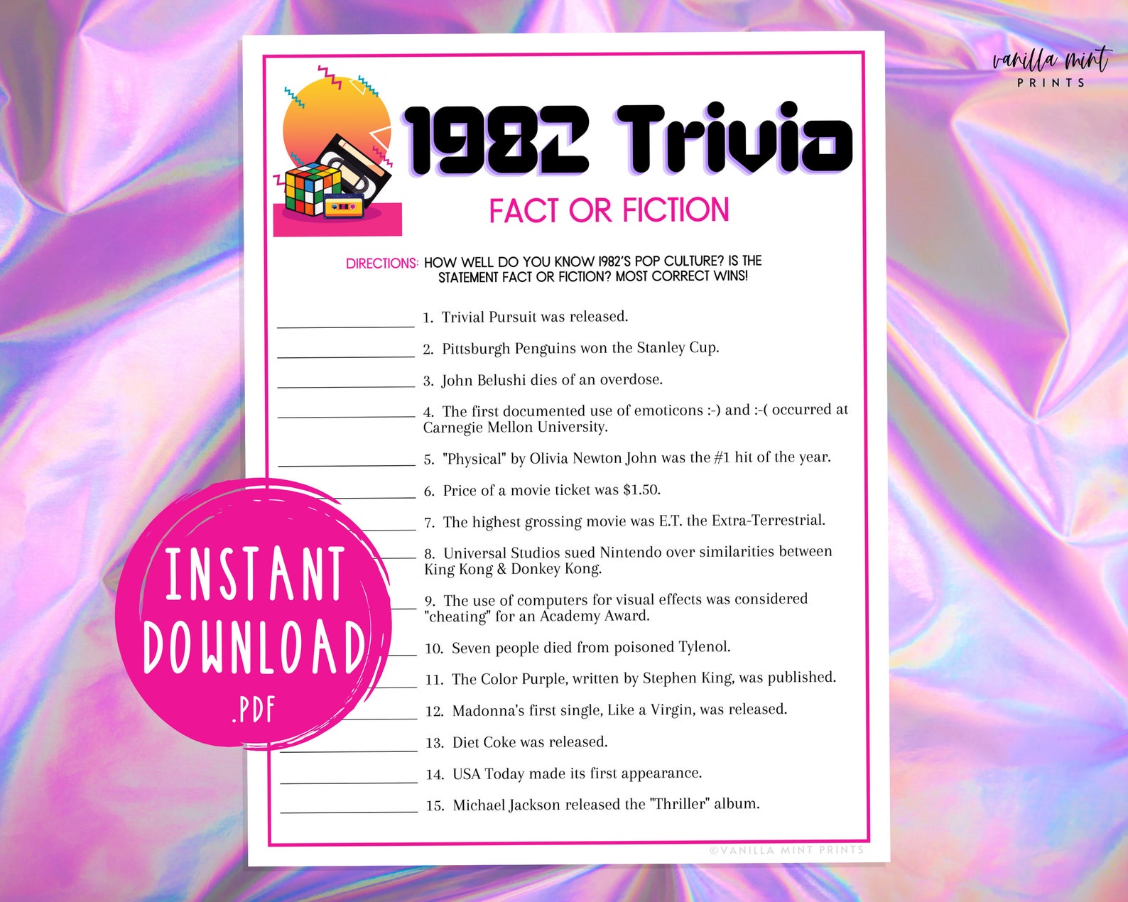 1982 Trivia 80s Pop Culture Trivia Fact or Fiction 40th - Etsy
