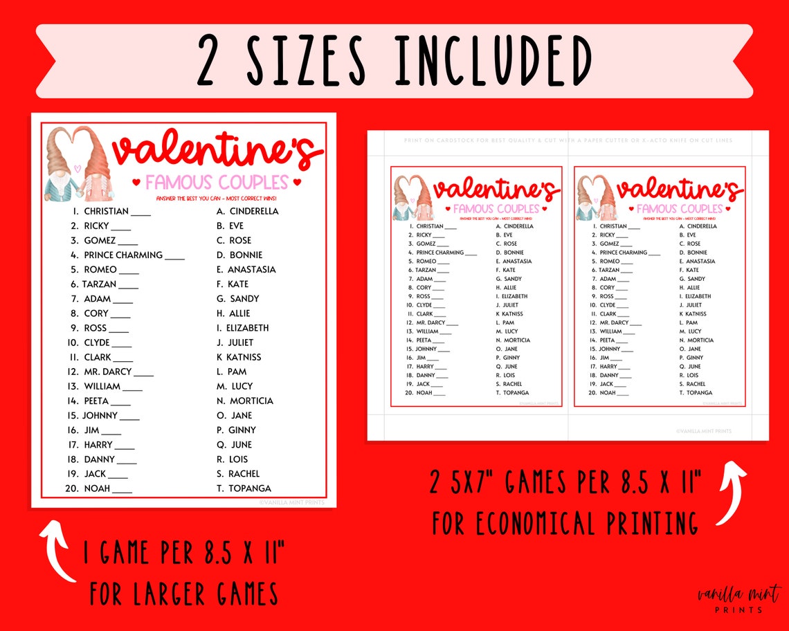 Valentine's Day Famous Couples Match Game Valentine - Etsy