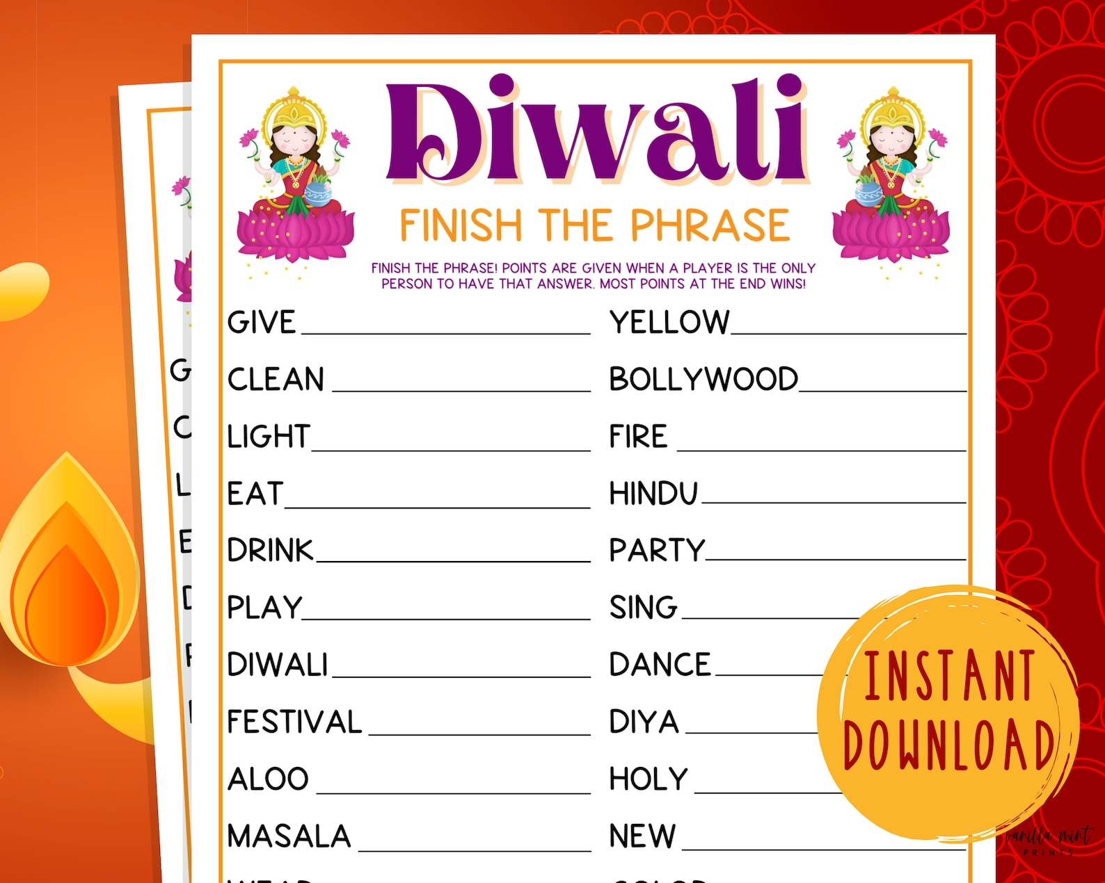 Diwali Finish the Phrase Game Printable Festival of Lights - Etsy