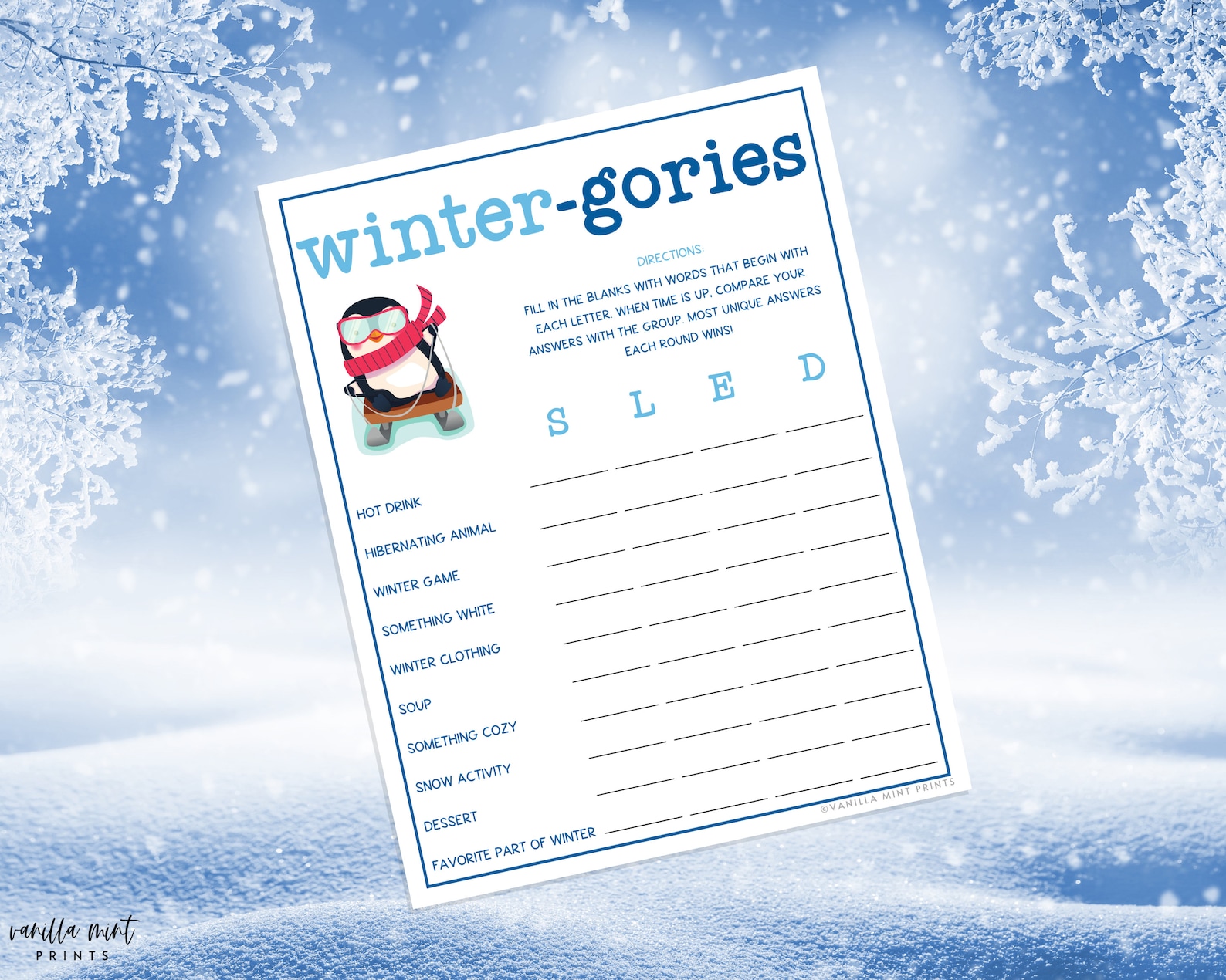 Winter Scattergories Game Wintergories Printable Games Fun - Etsy