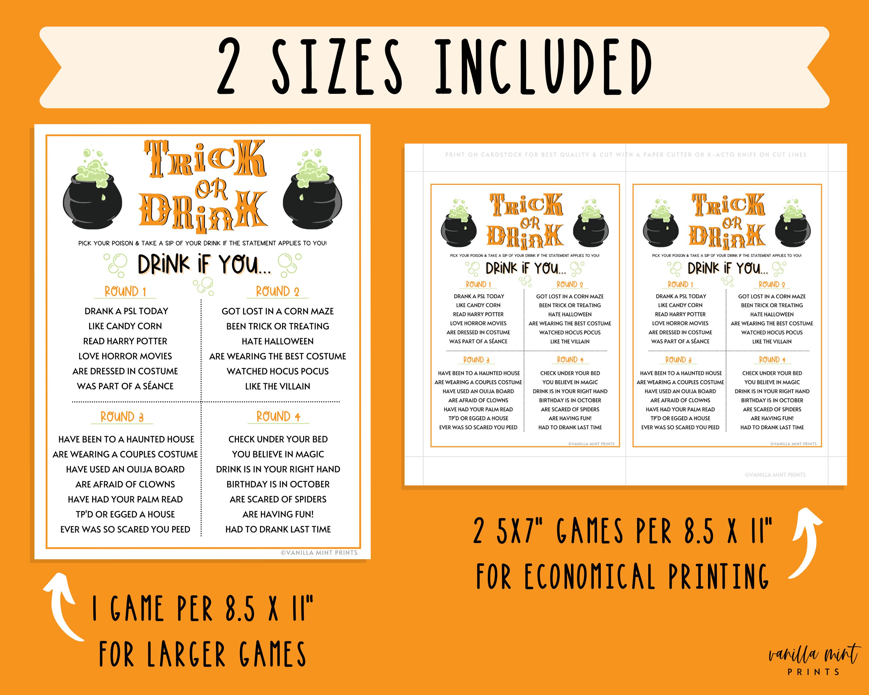 Halloween Trick or Drink Game Halloween Printable Games - Etsy