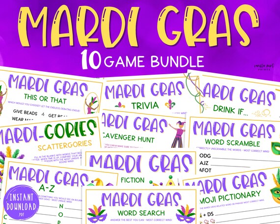 Mardi Gras 10 Game BUNDLE Fat Tuesday Party Games Carnival | Etsy