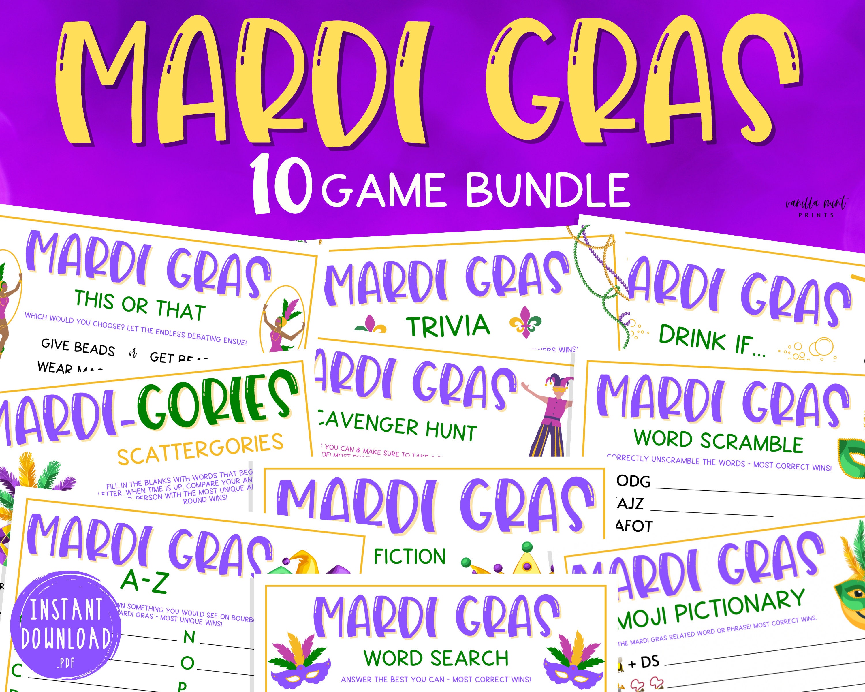 Mardi Gras 10 Game BUNDLE Fat Tuesday Party Games Carnival | Etsy