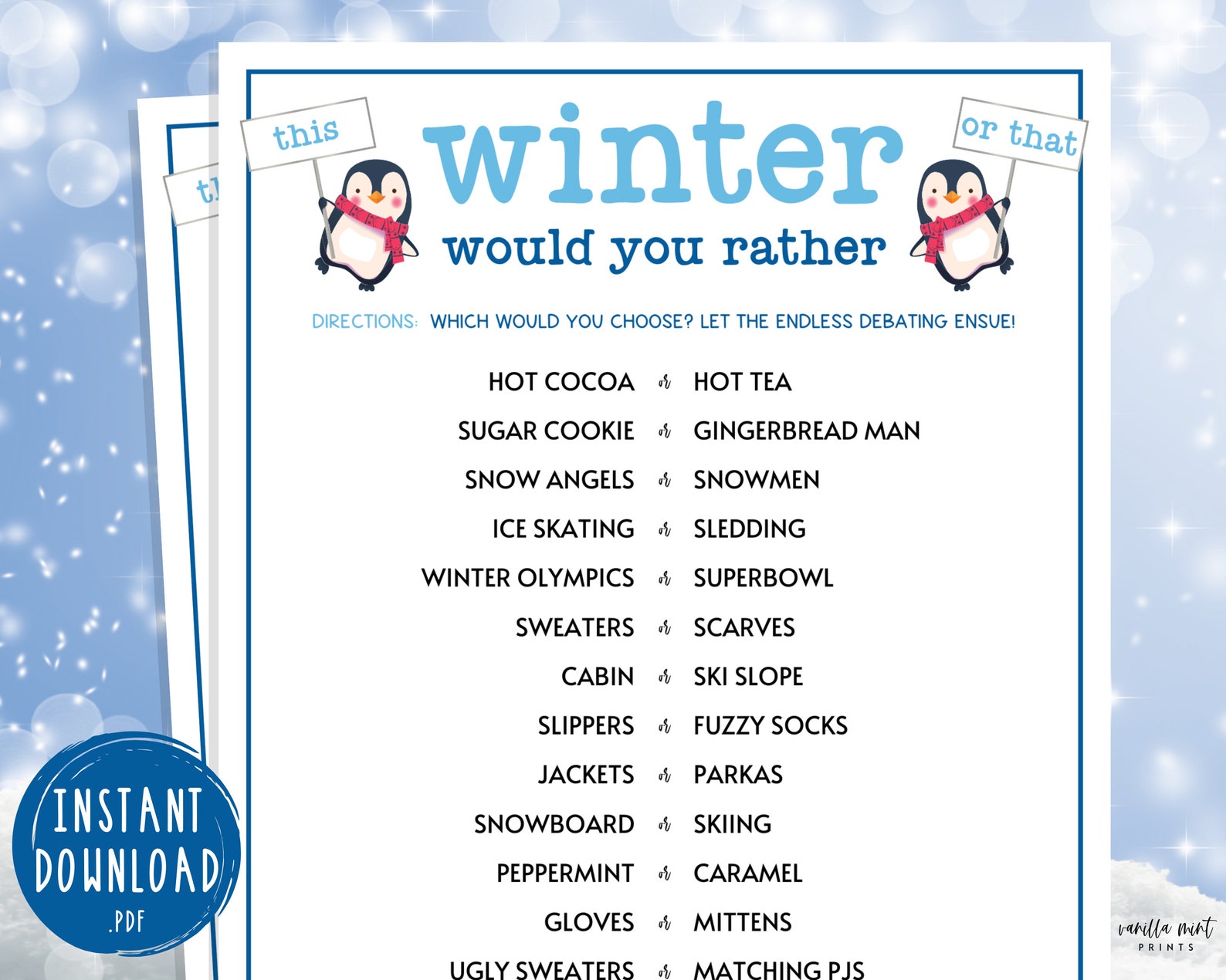 Winter Would You Rather Game Fun This or That Printable | Etsy