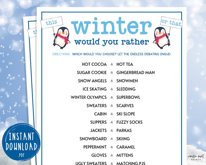 Winter Would You Rather Game Fun This or That Printable - Etsy