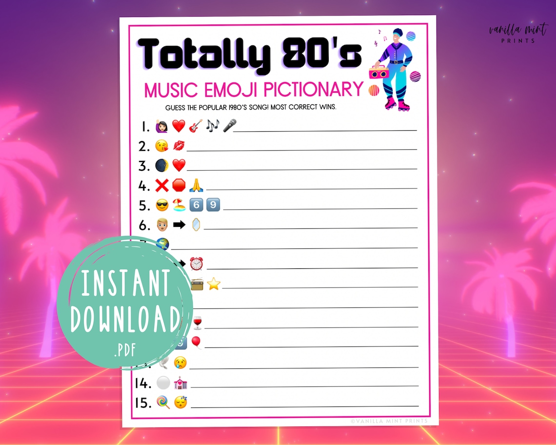 Totally 80's Music Emoji Pictionary Party Game Printable - Etsy