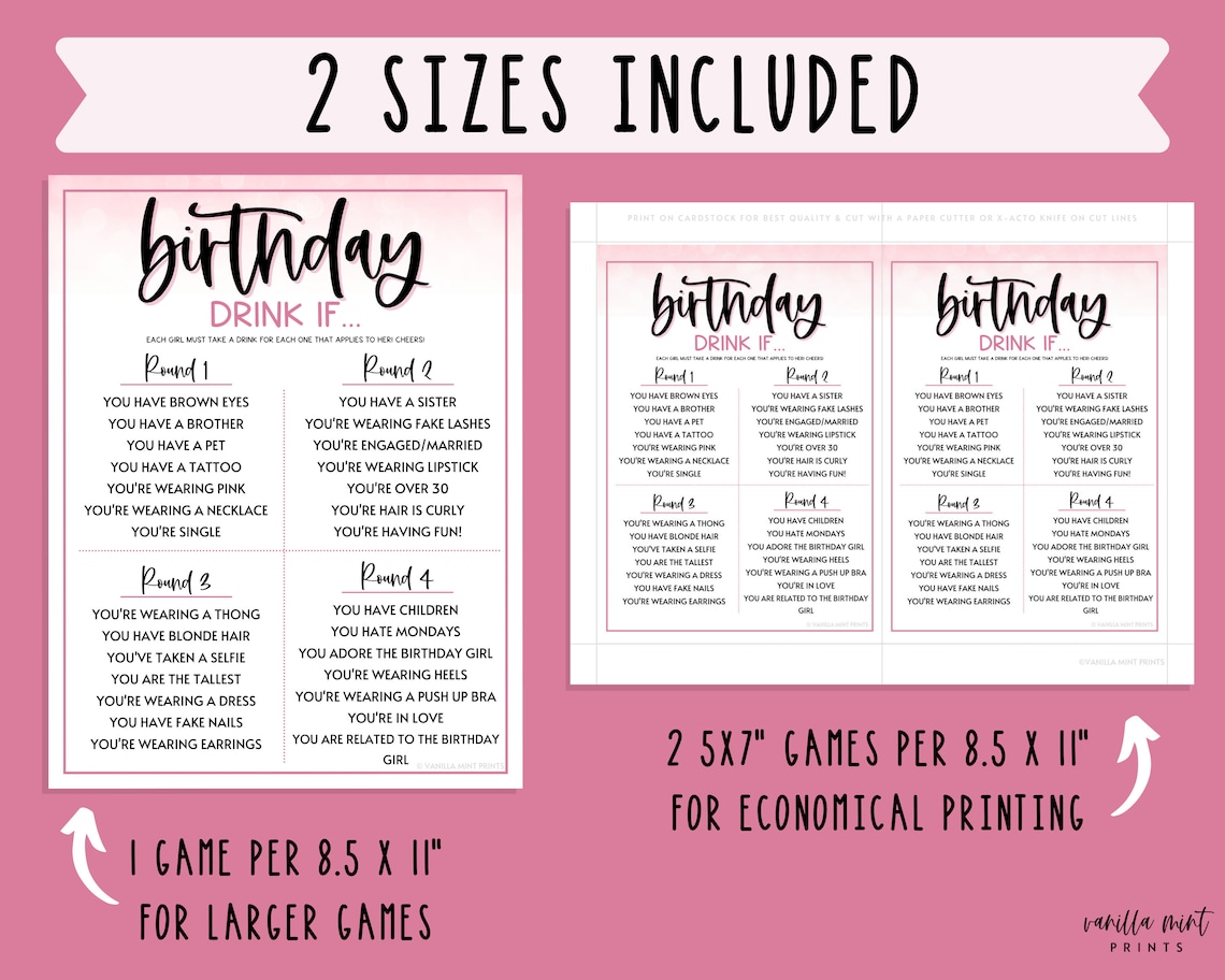 PINK Adult Birthday Party Games Birthday Drink If Party Game | Etsy