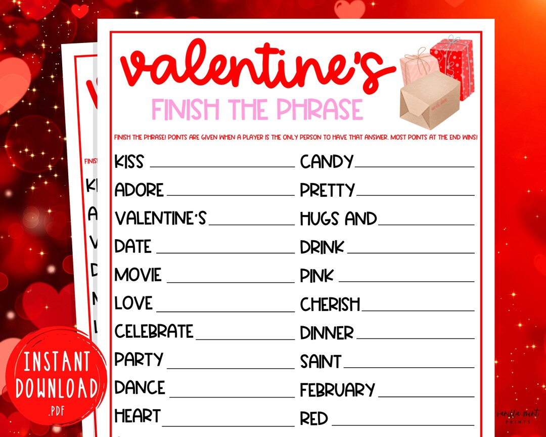 Valentine's Day Finish the Phrase Game Fun Valentine's Day Printable ...