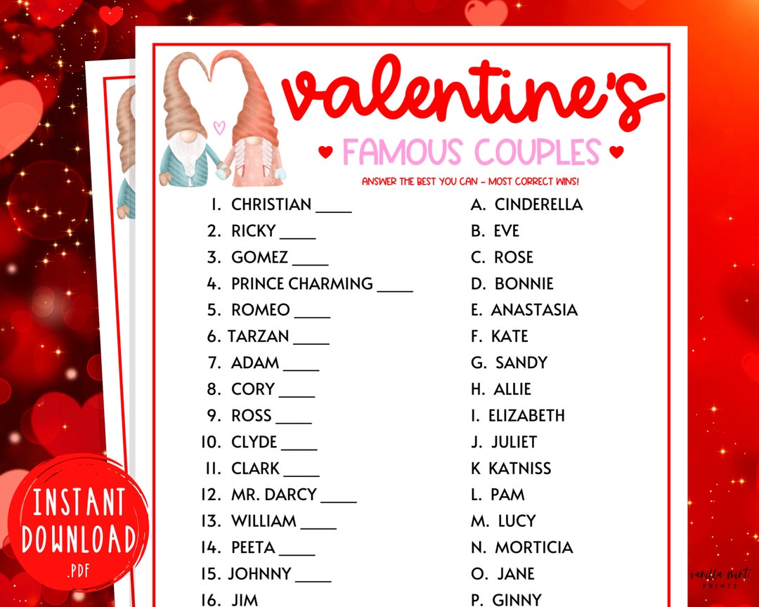 Valentine's Day Famous Couples Match Game Valentine Printable Games Fun ...