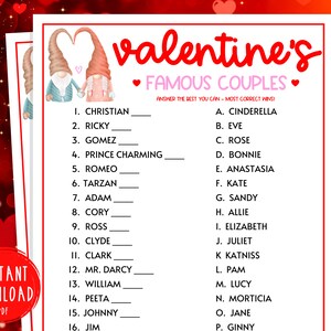 Valentine's Day Famous Couples Match Game Valentine Printable Games Fun ...