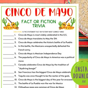 Cinco De Mayo Fact or Fiction Trivia Party Game | Mexican Party Games ...