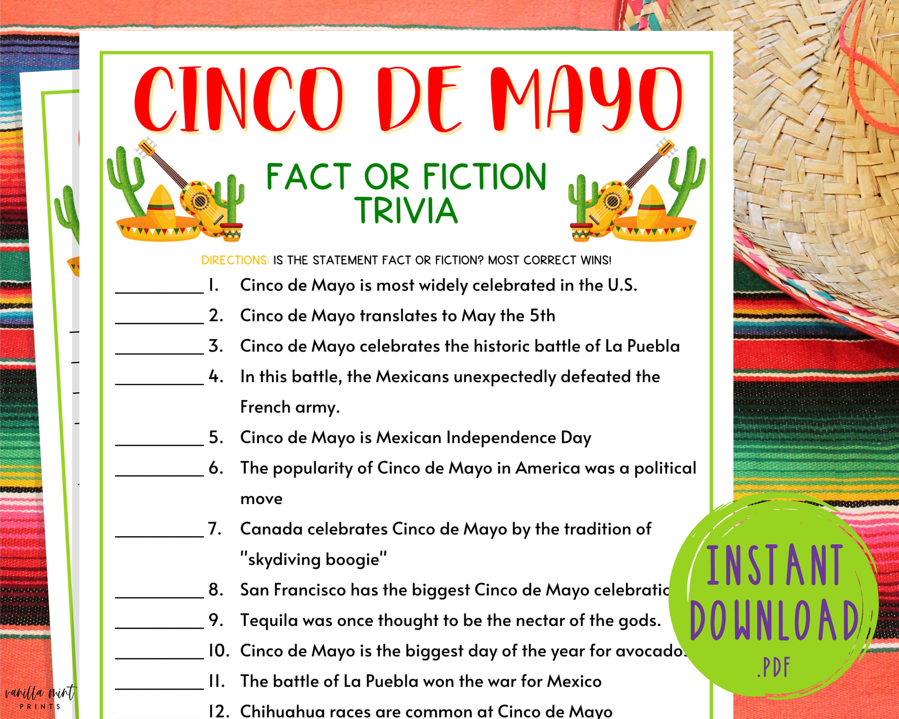 Cinco De Mayo Fact or Fiction Trivia Party Game Mexican - Etsy