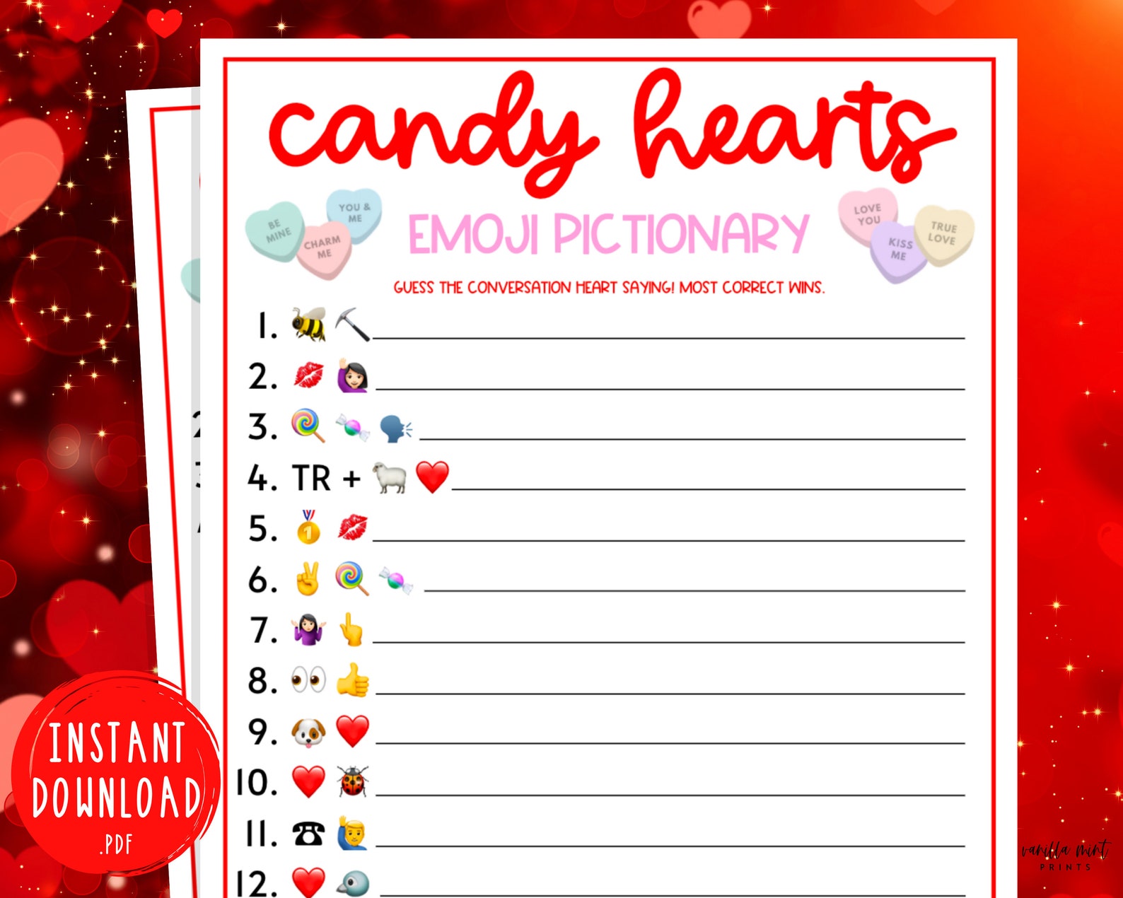 Valentine's Day Candy Hearts Emoji Pictionary Game Fun - Etsy