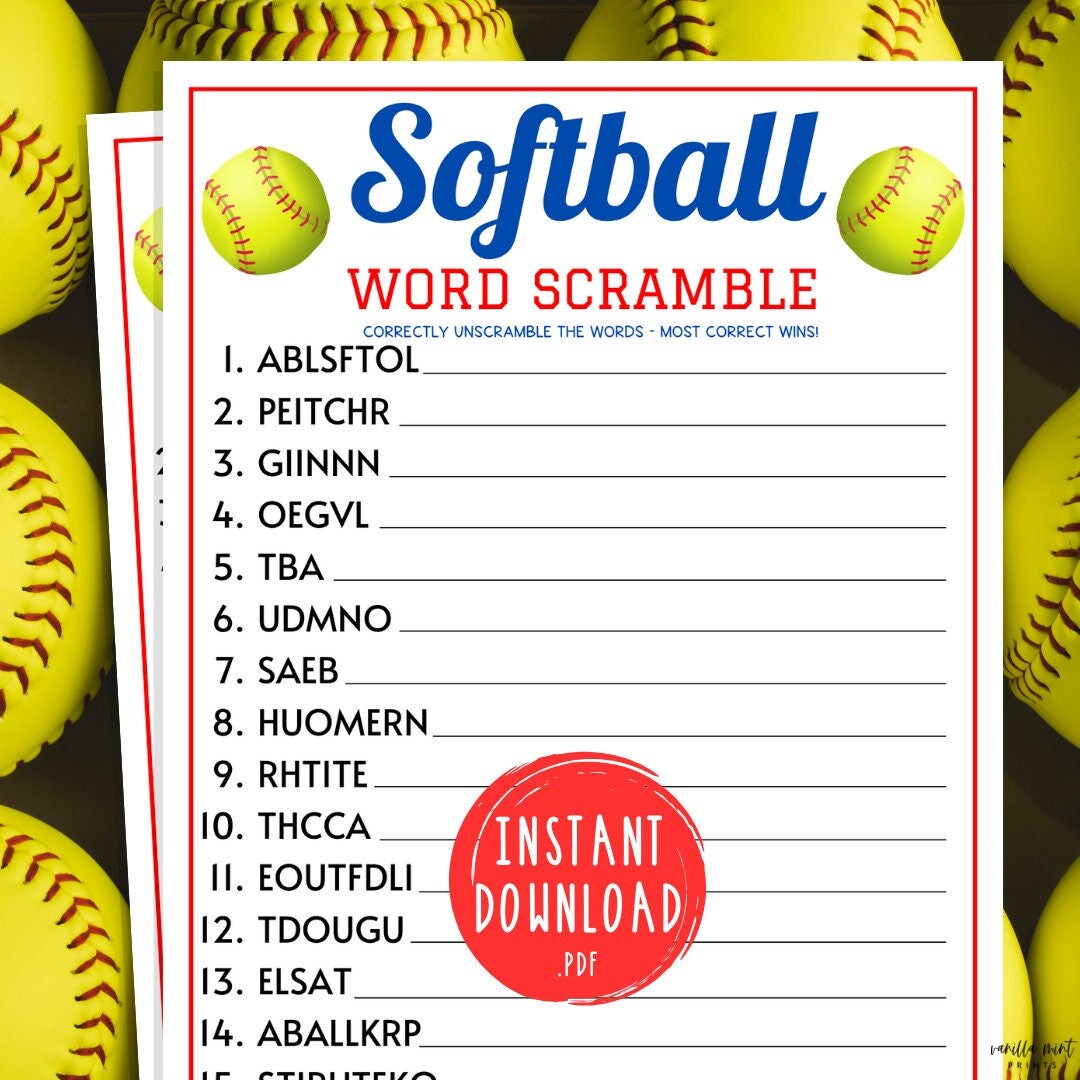 Softball Word Scramble Game | Printable Softball Team Party Game ...