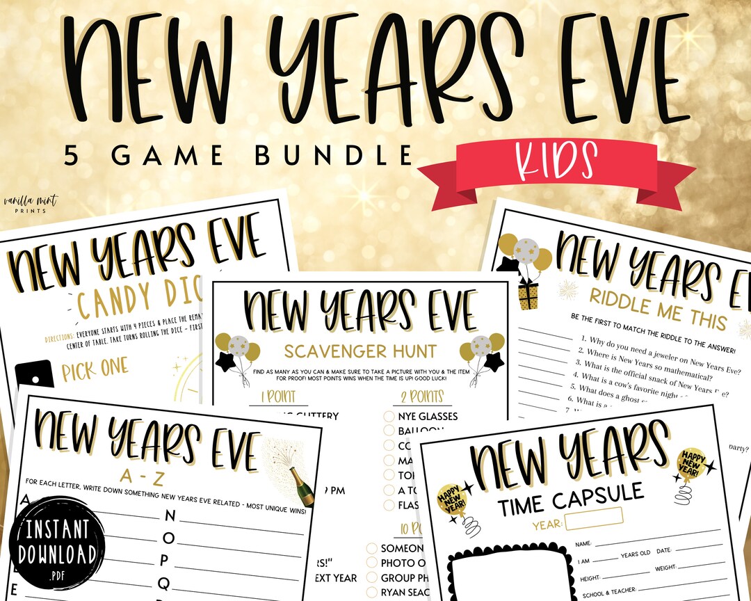 5 New Years Eve Kids Party Games BUNDLE Printable New Years Game Pack ...