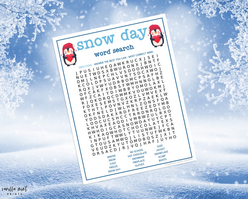 Snow Day Word Search Game Fun Printable Winter Games - Etsy Canada