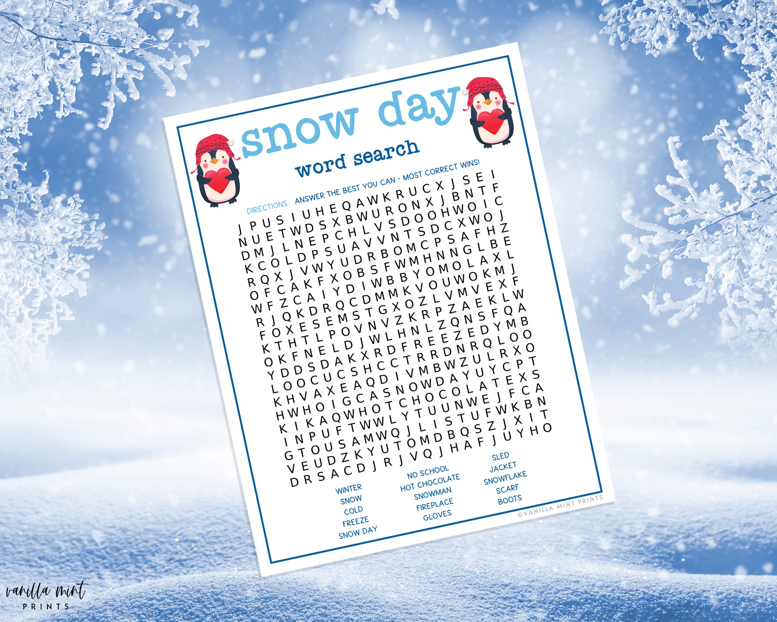 Snow Day Word Search Game Fun Printable Winter Games | Etsy