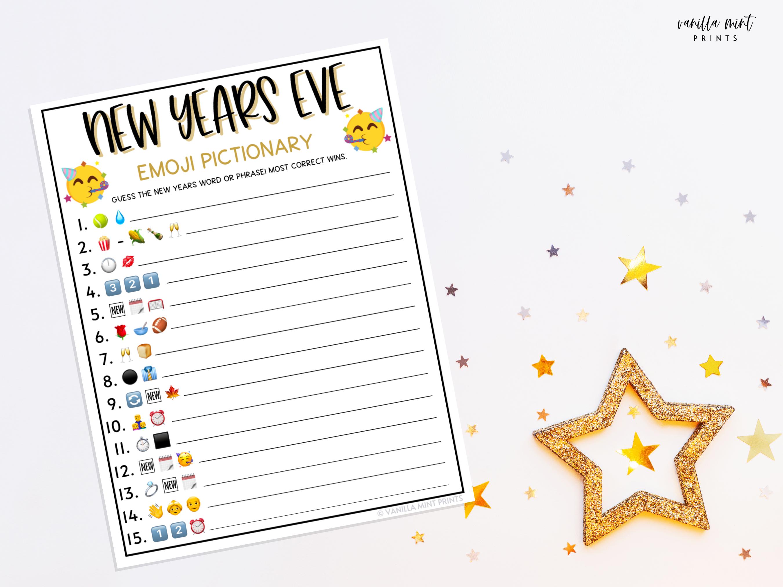 New Years Eve Emoji Pictionary Game Printable Games Fun New Years Eve ...