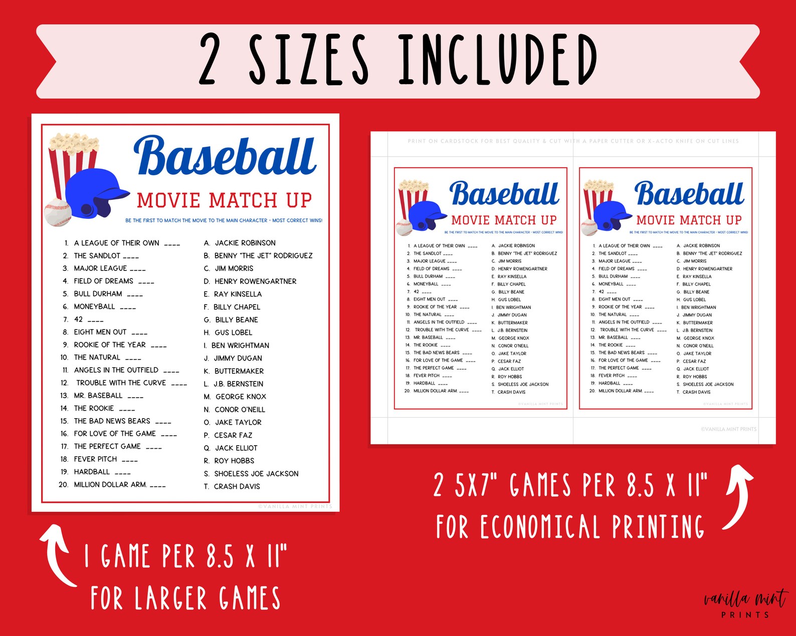 Baseball Movie Match up Trivia Game Printable Baseball Team Party Game ...