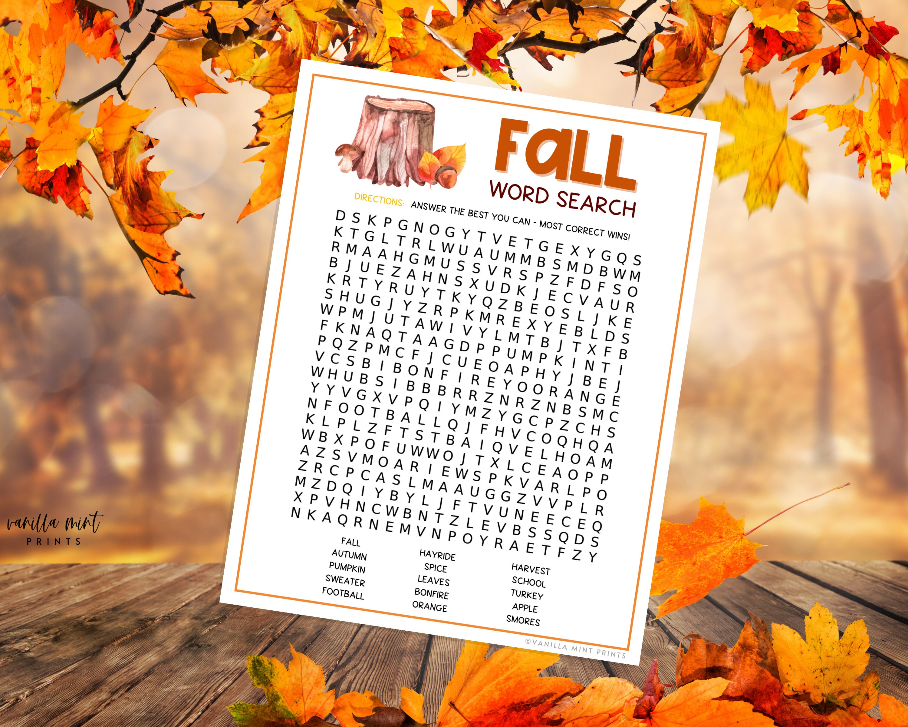 Fall Word Search Printable Autumn Party Games Fall Time | Etsy