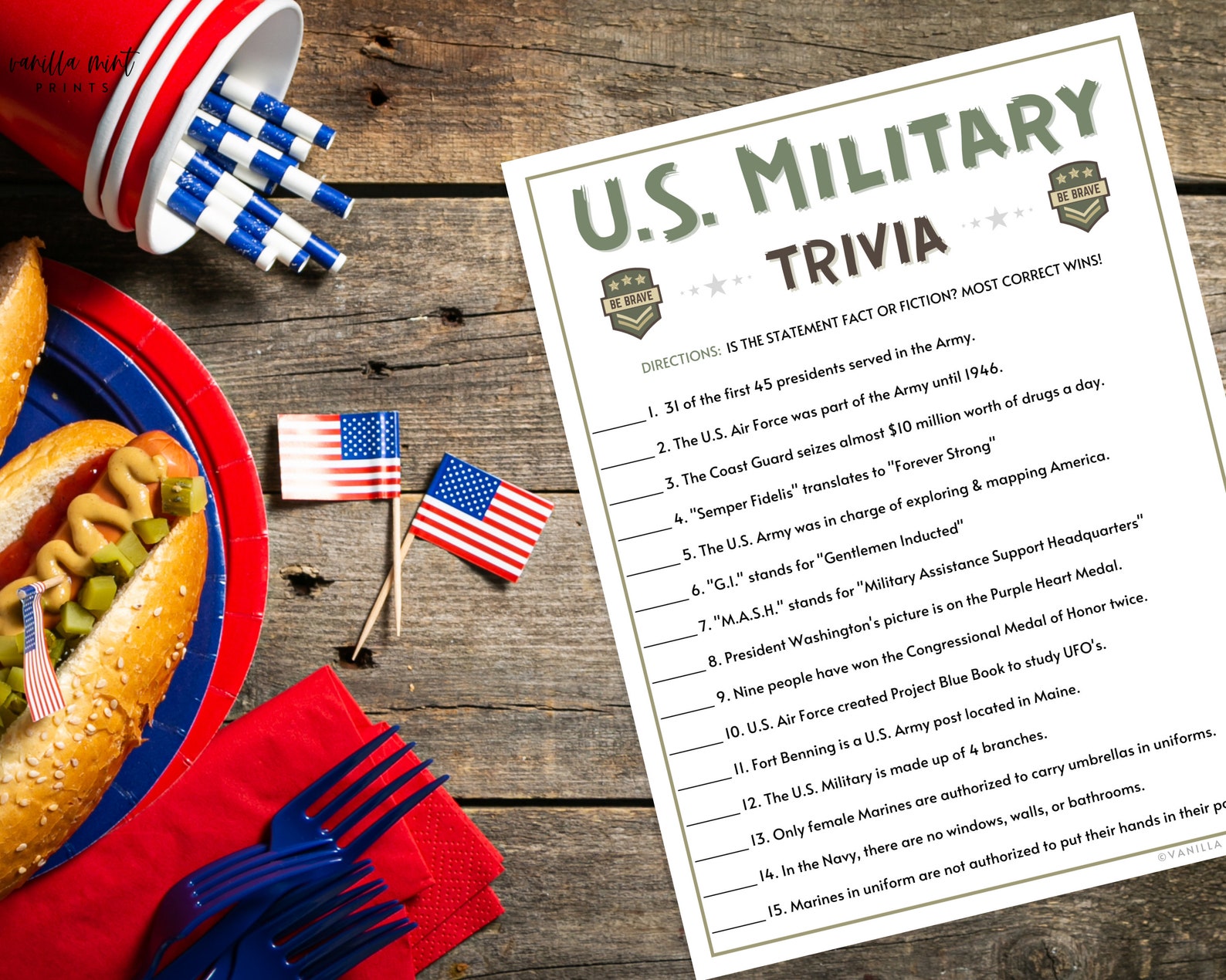 U.S. Military Trivia Game Memorial Day Printable Party Games | Etsy