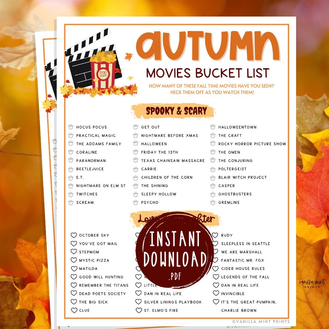 Fall Movie Bucket List Game | Printable Autumn Movies | Fall Time ...