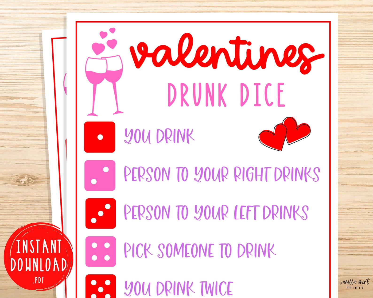 Valentine's Drunk Dice Drinking Game Valentine's Day Games Party Games ...