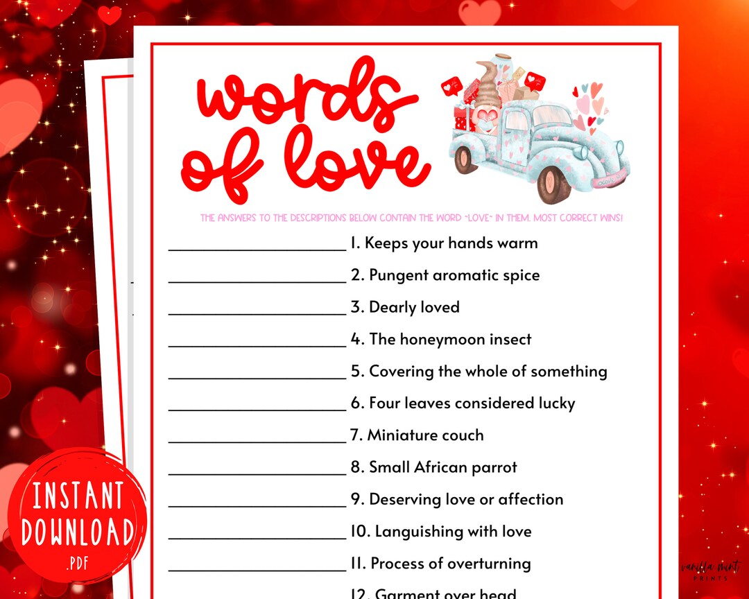 Valentine's Day Words of Love Game Fun Valentine's Day Printable Games ...