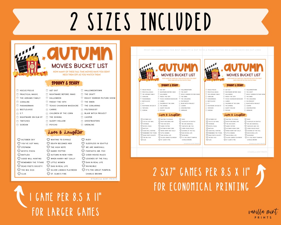 Fall Movie Bucket List Game Printable Autumn Movies Fall | Etsy