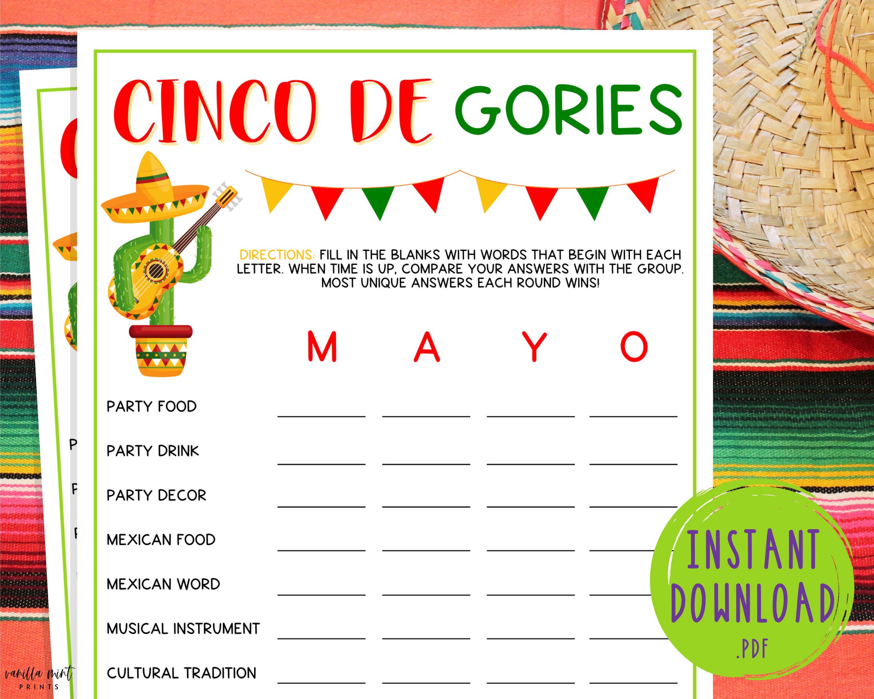 Cinco De Mayo Scattergories Game Word Game Mexican Party | Etsy