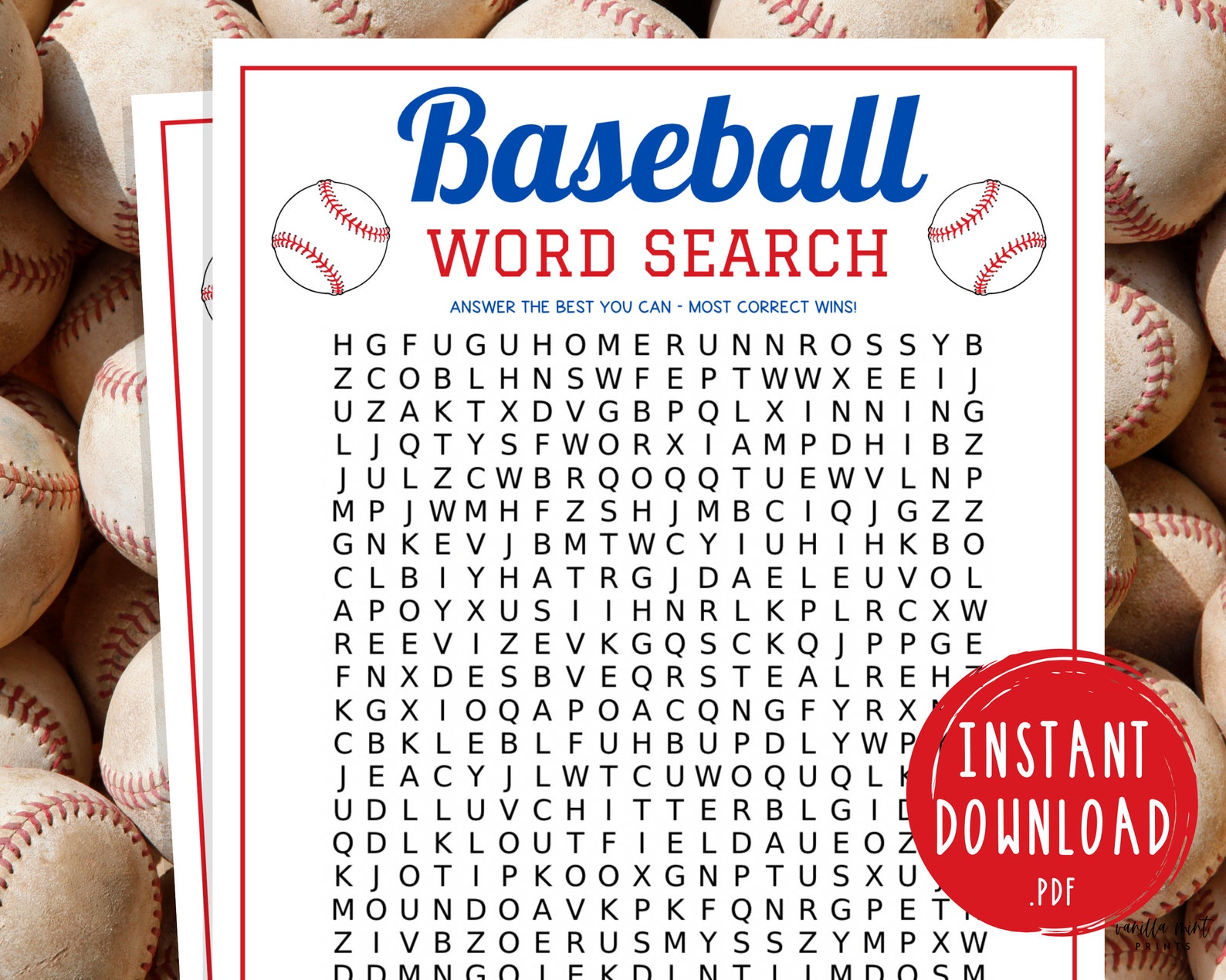Baseball Word Search Game Printable Baseball Team Party - Etsy