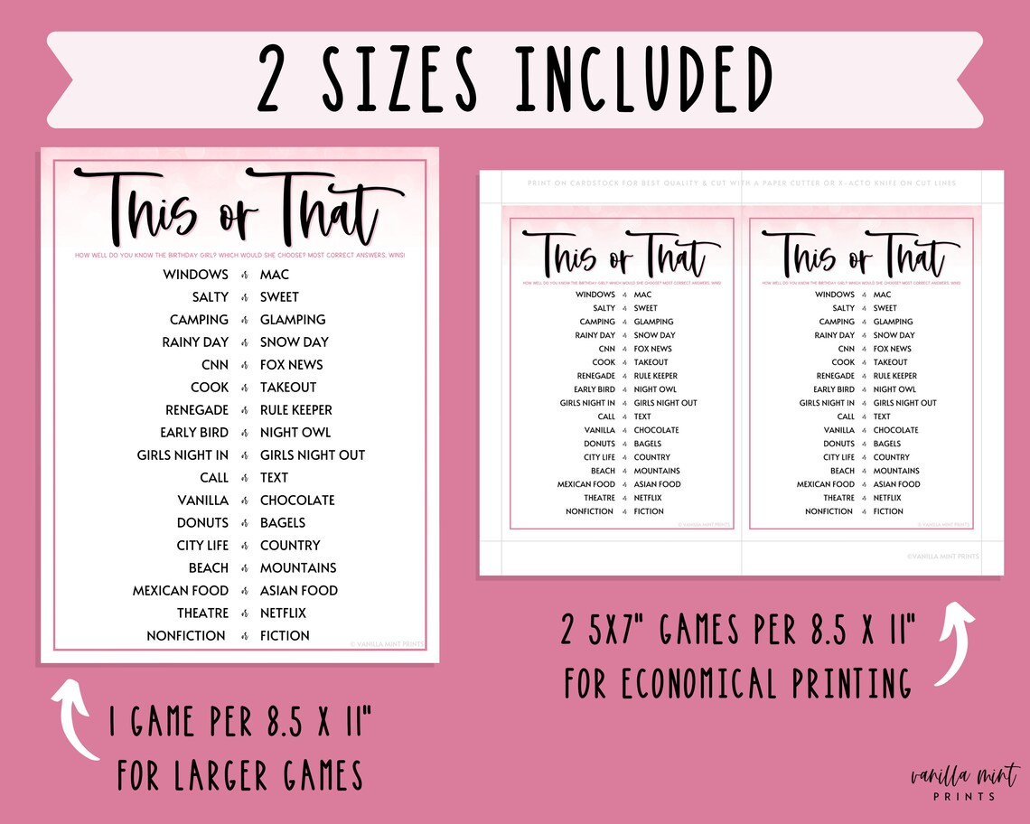 PINK Adult Birthday Party Games Birthday This or That Party | Etsy